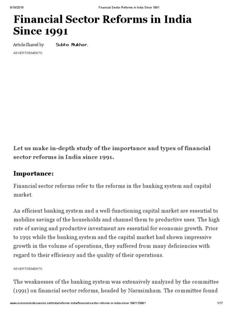 Financial Sector Reforms in India Since 1991 | PDF | Reserve Bank Of ...