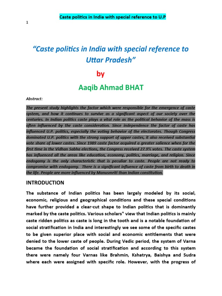 Caste Politics in India With Special Reference To Uttar Pradesh | PDF ...