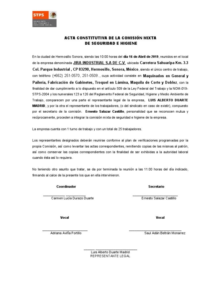 Acta Constitutiva de La Comisión Mixta de Seguridad e Higiene | PDF | Gobierno