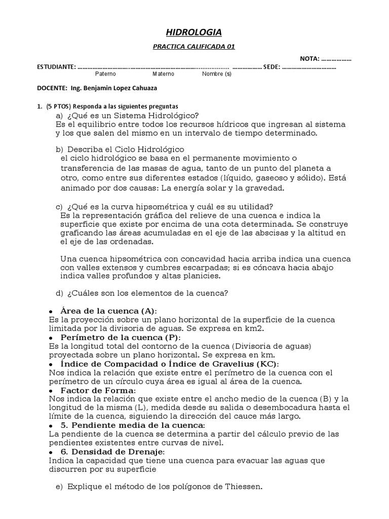 Practica Calificada 01 CC1 | PDF | Cuenca de drenaje | Hidrología