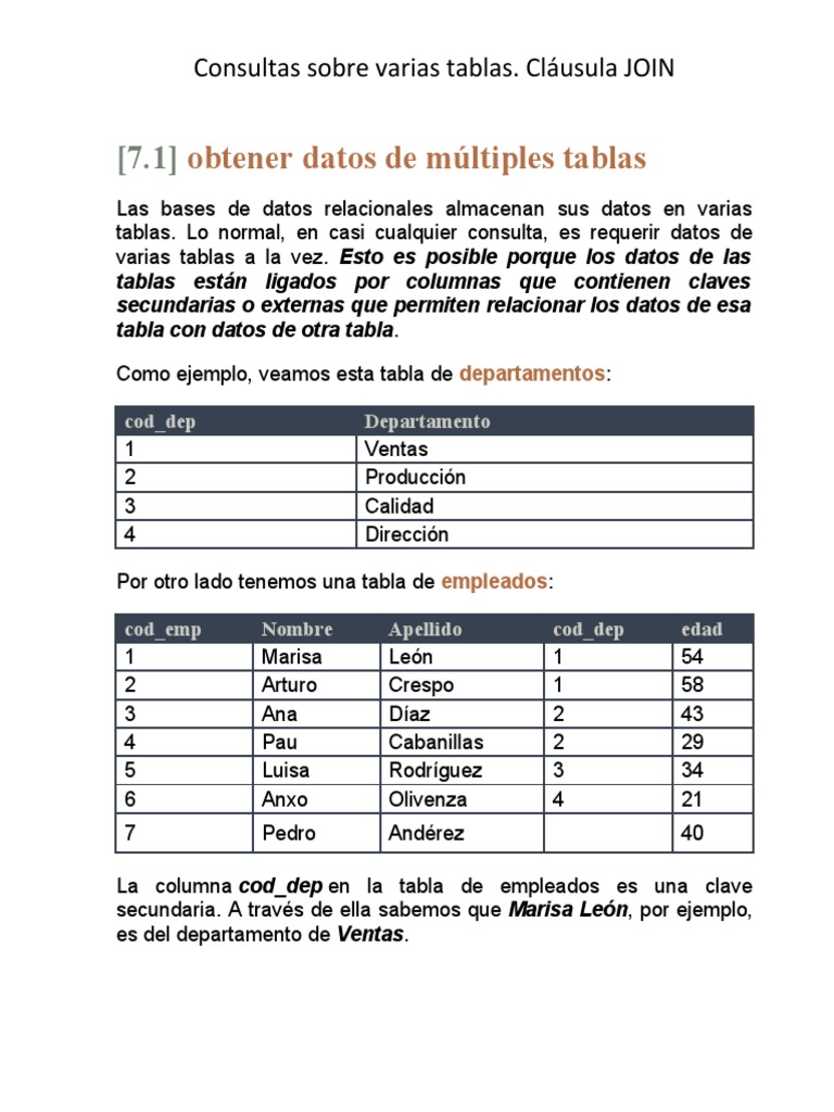CLASE2 Consultas Sobre Varias Tablas. Cláusula JOIN | PDF | SQL | Software de gestión de datos