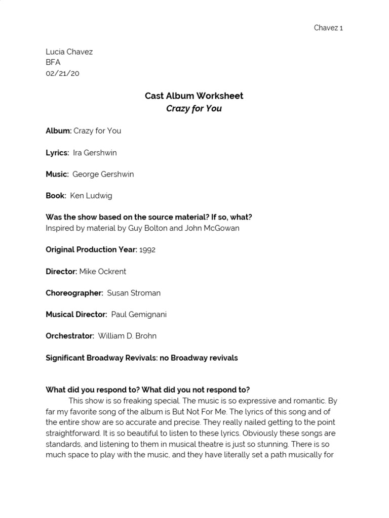 Cast Album Worksheet: Crazy For You | PDF