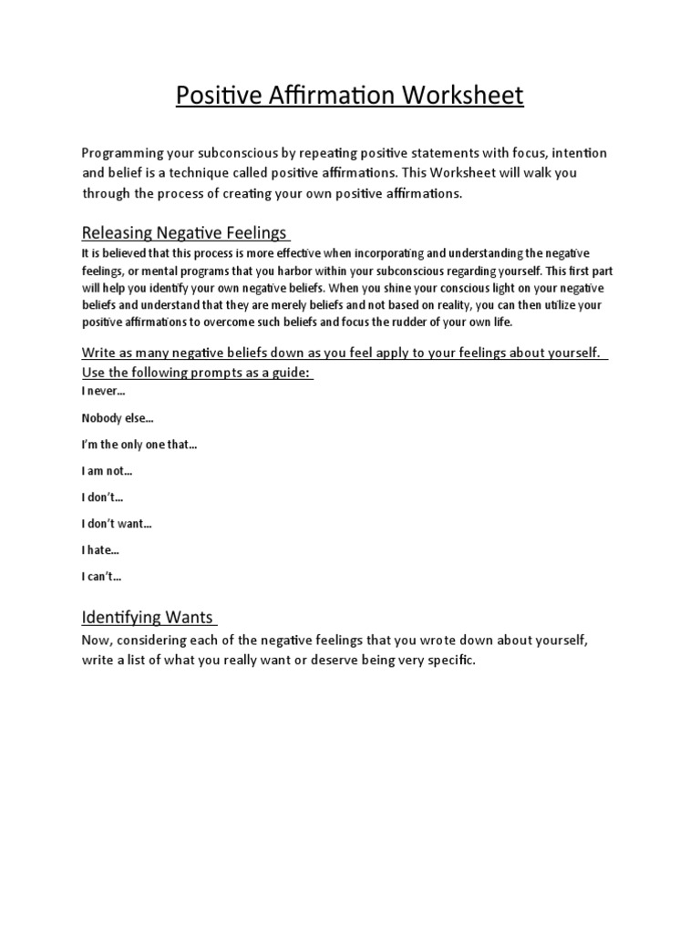 Positive Affirmation Worksheet: Releasing Negative Feelings | PDF