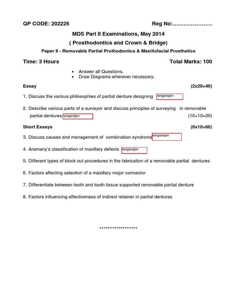 QP CODE: 202226 Reg No: . MDS Part II Examinations, May 2014 ...