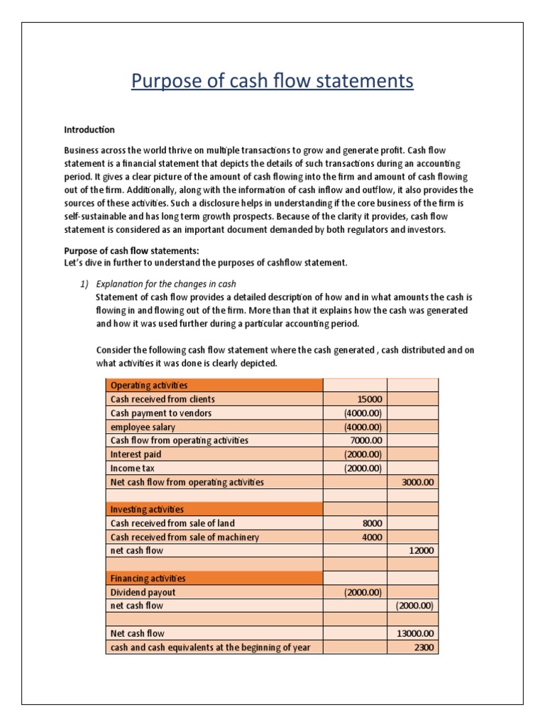 Purpose of Cash Flow Statement | PDF | Cash Flow Statement | Money