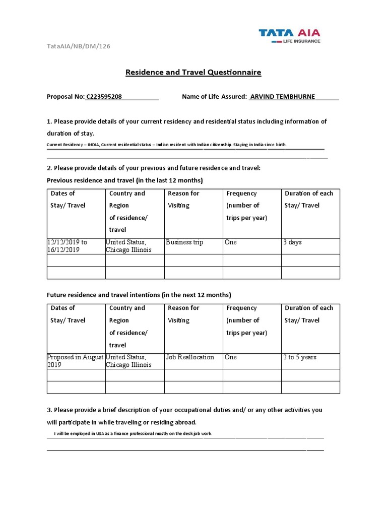 Residence and Travel Questionnaire: Tataaia/Nb/Dm/126 | PDF | Insurance ...