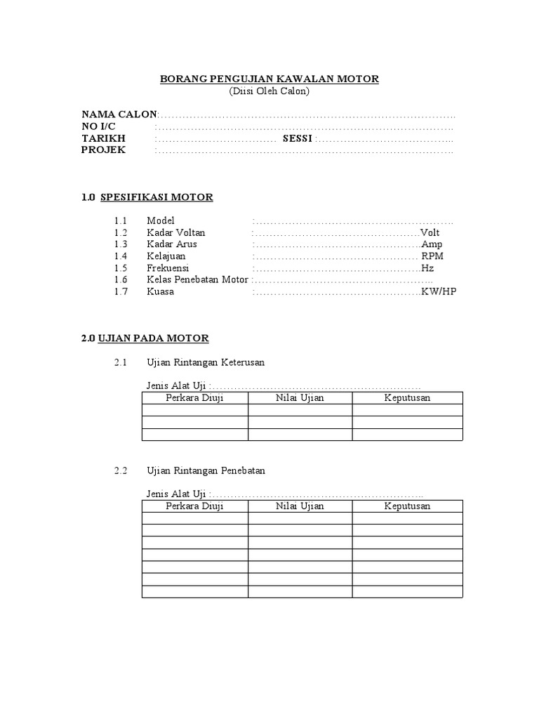 Borang Pengujian Kawalan Motor | PDF