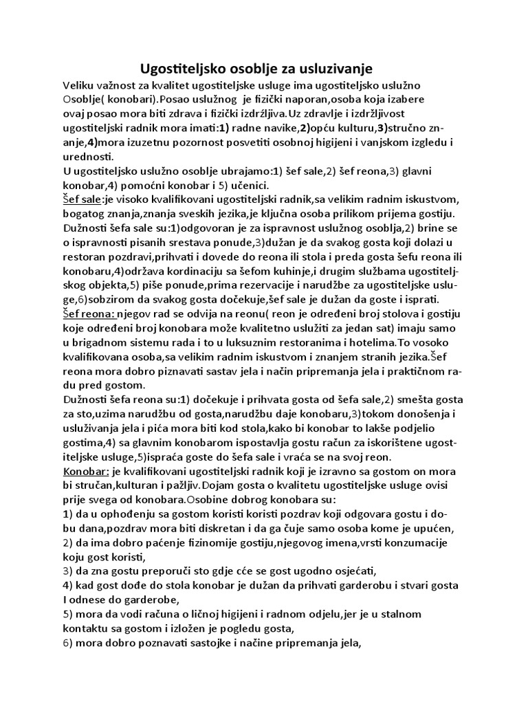 Ugostiteljsko Osoblje | PDF