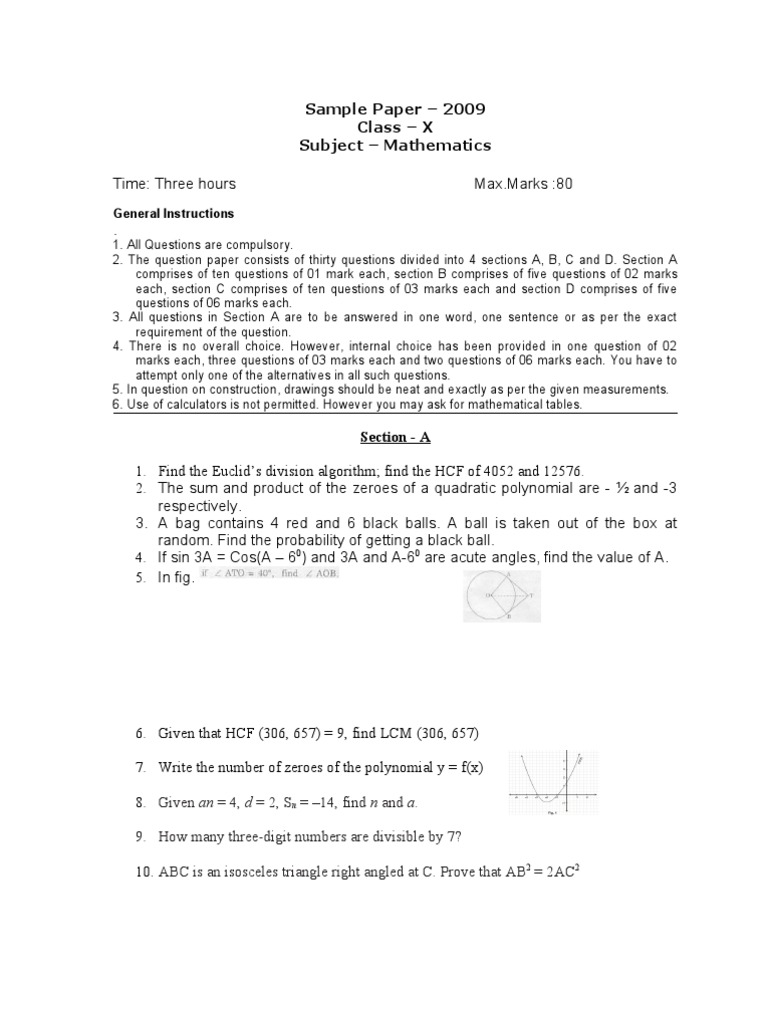 Class X Mathematics Sample Paper | PDF