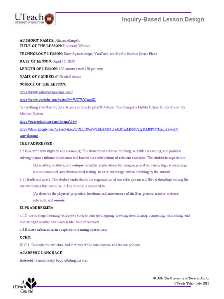 Celestial Bodies Inquiry Lesson Plan | PDF | Solar System | Planets