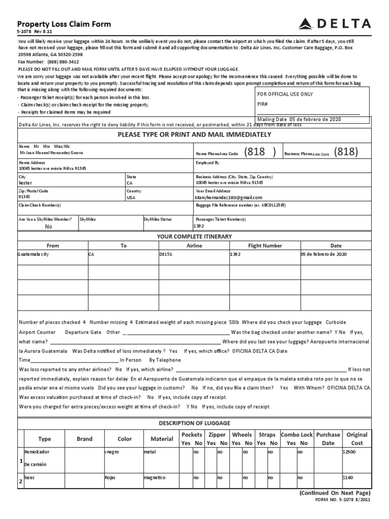 Property Loss Claim Form: Please Type or Print and Mail Immediately ...