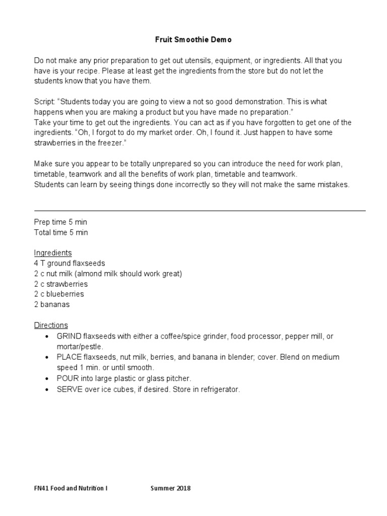 Fruit Smoothie Demo: FN41 Food and Nutrition I Summer 2018 | PDF