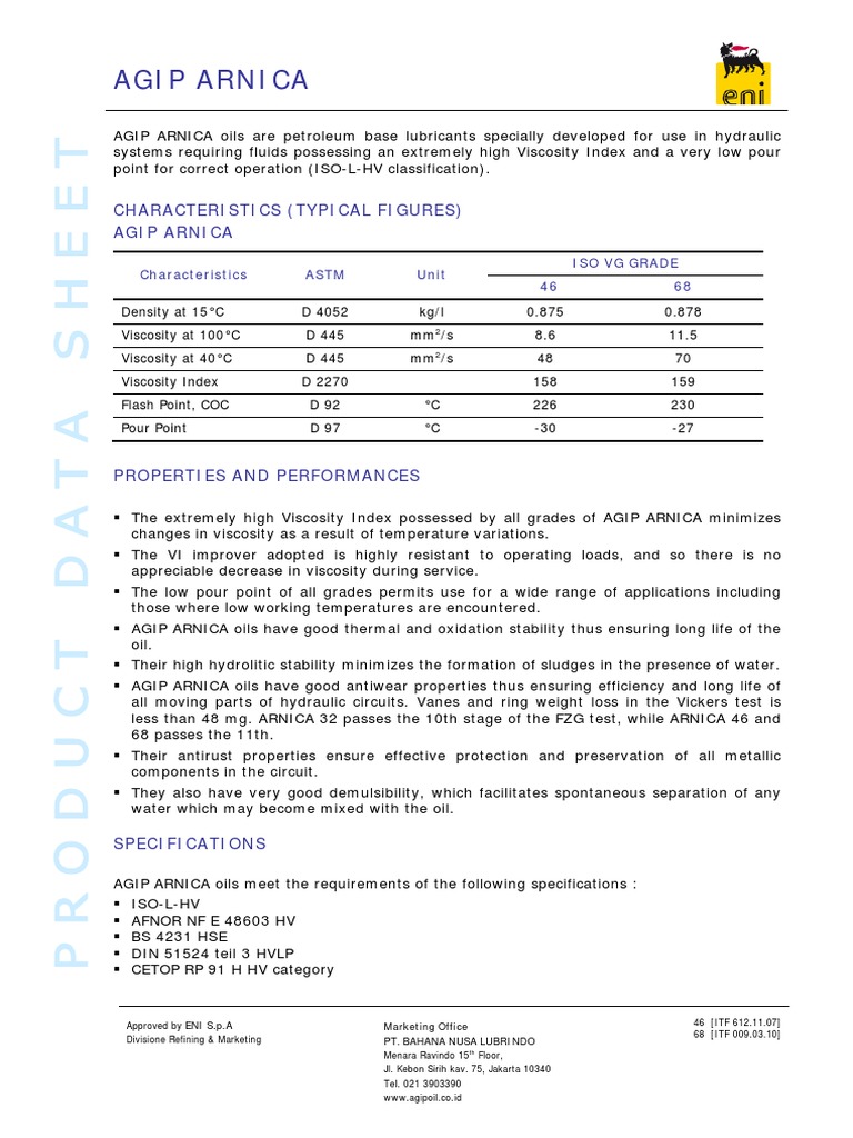 Characteristics (Typical Figures) Agip Arnica | PDF | Viscosity | Liquids