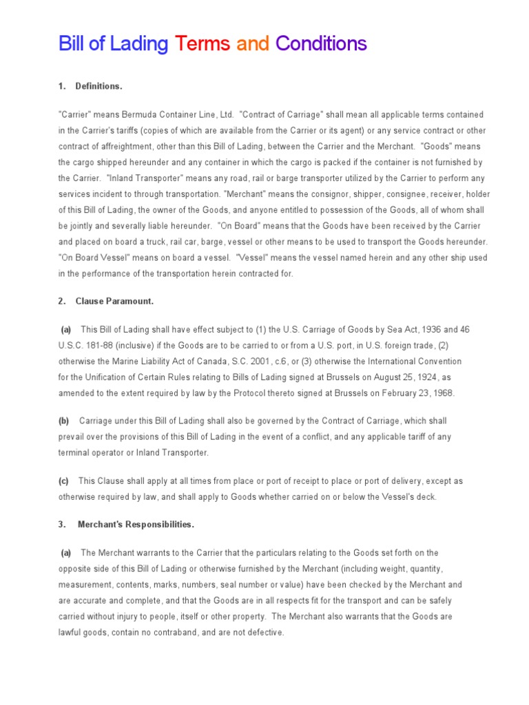 Bill of Lading Terms and Conditions | PDF