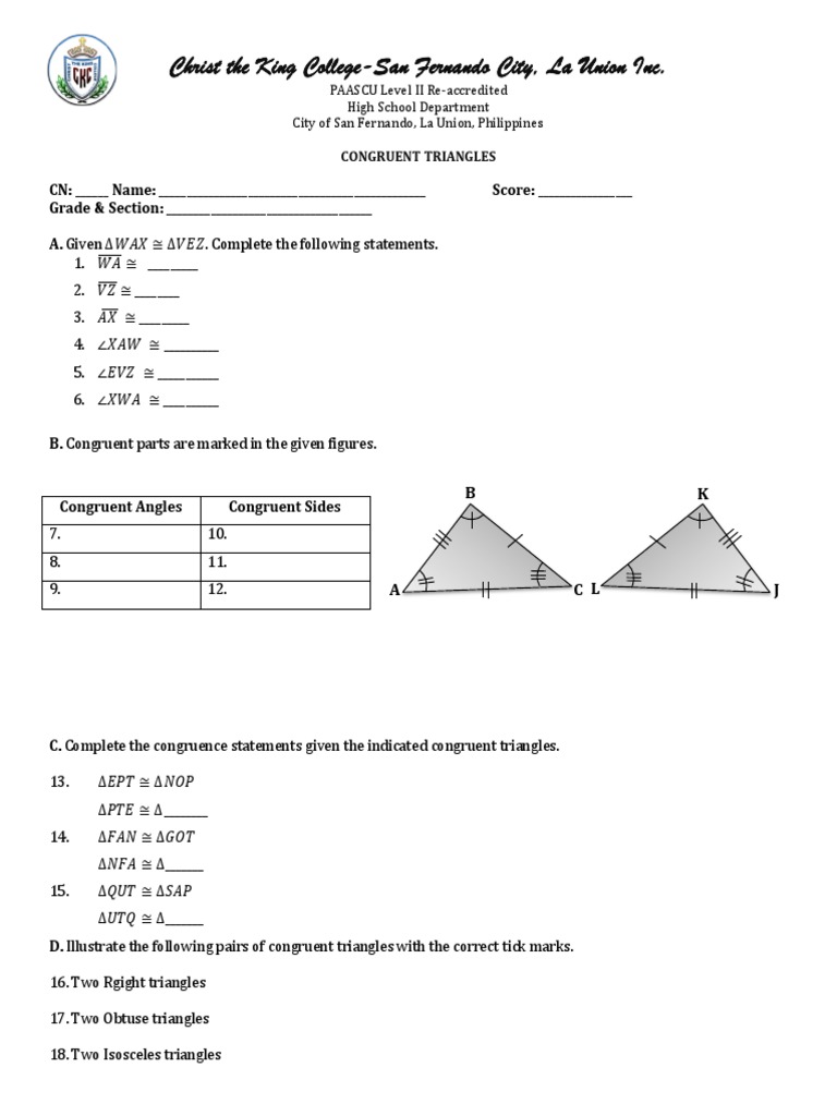 Congruent Triangles Worksheet | PDF