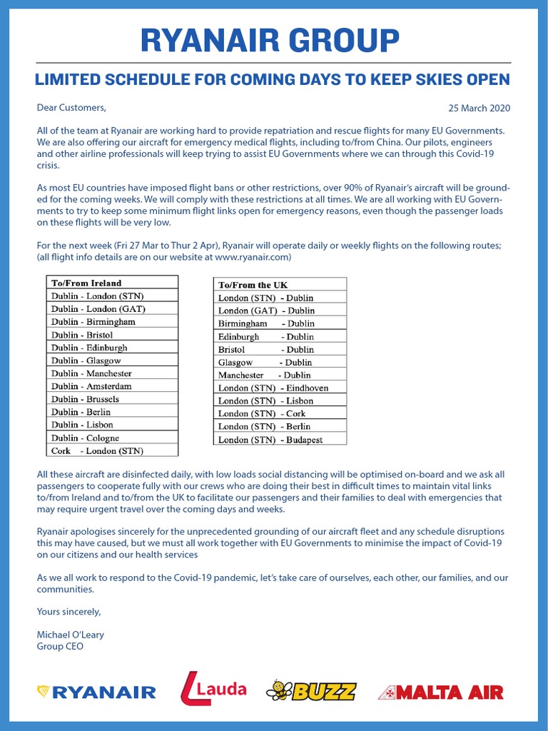 Ryanair Group Letter 25.03.2020 A4 | PDF