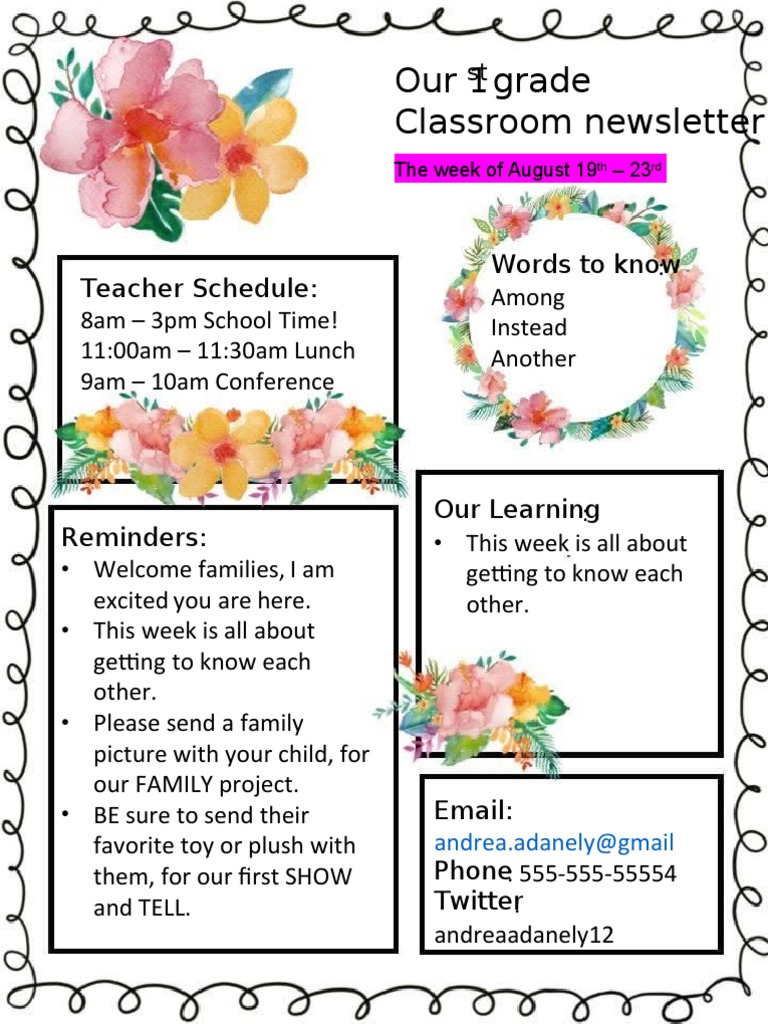 1st Grade Classroom Newsletter: Aug 19-23 | PDF