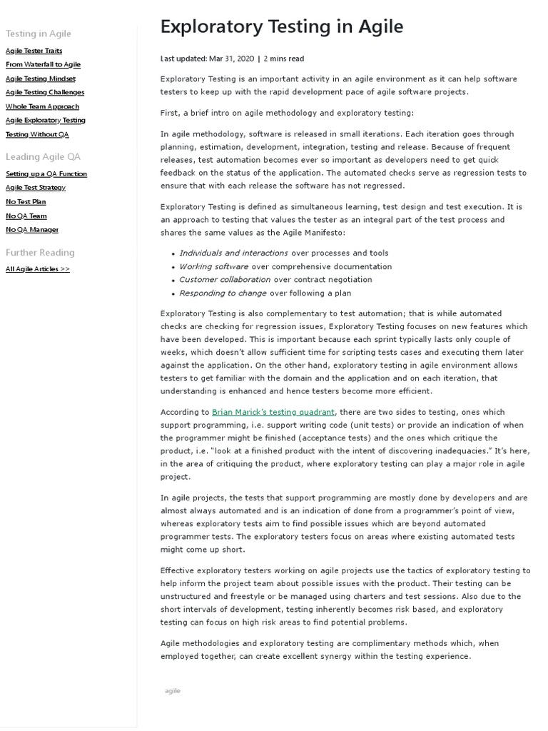 Exploratory Testing In Agile Devqa Io Pdf Pdf Agile Software