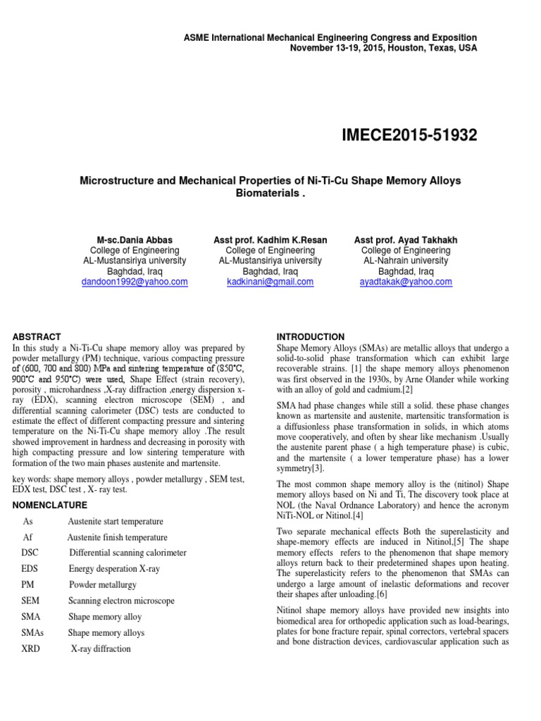 Microstructure and Mechanical Properties of Ni-Ti-Cu Shape Memory ...