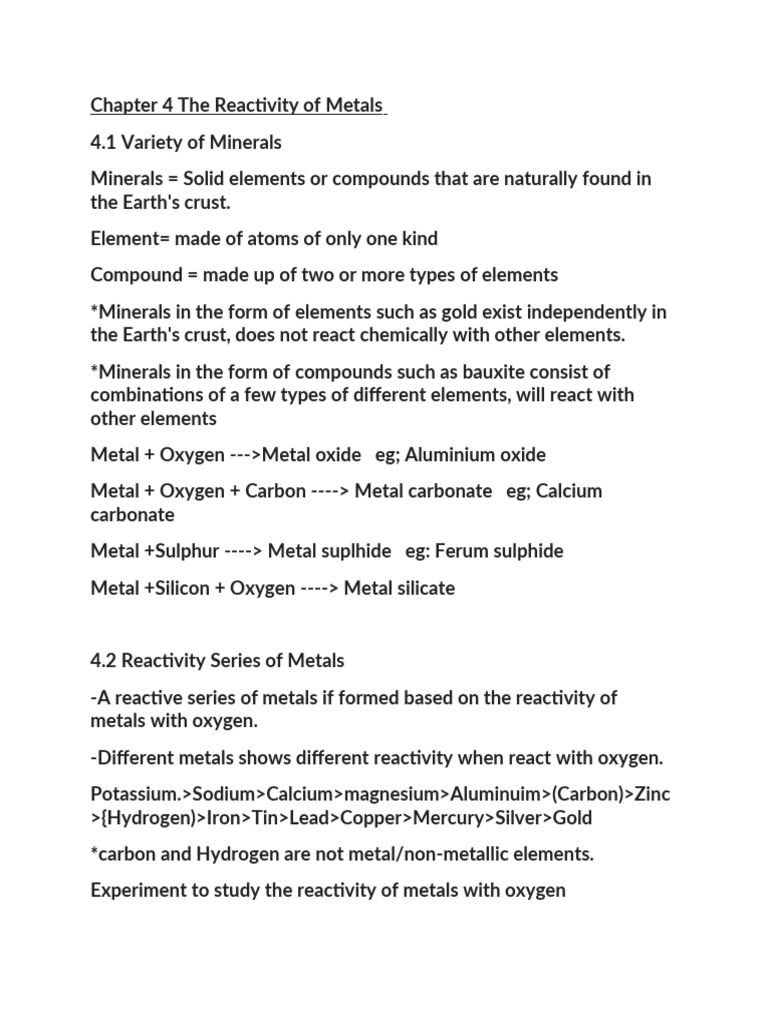 Metals Reactivity Chapter: Variety, Series, Extraction | PDF