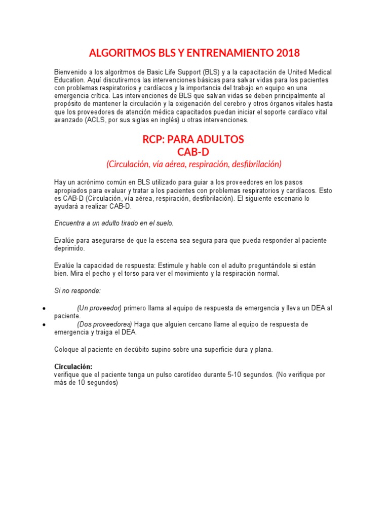 Algoritmos BLS y Entrenamiento 2018 | PDF | Reanimación cardiopulmonar ...