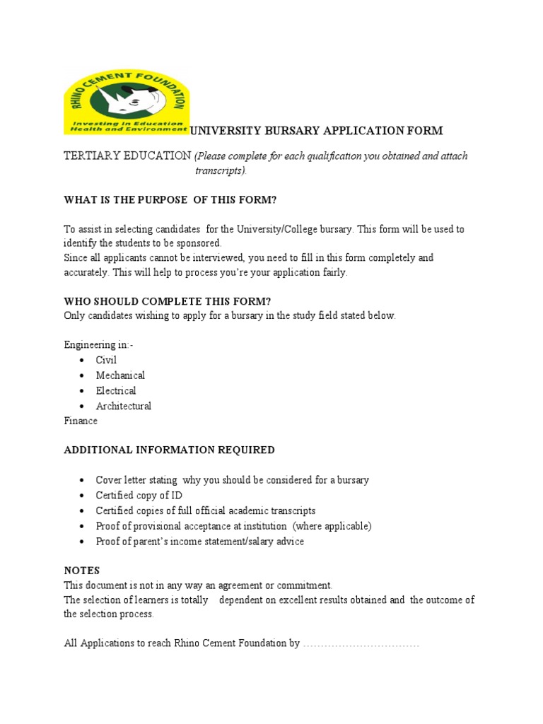 Tertiary Education: University Bursary Application Form | PDF
