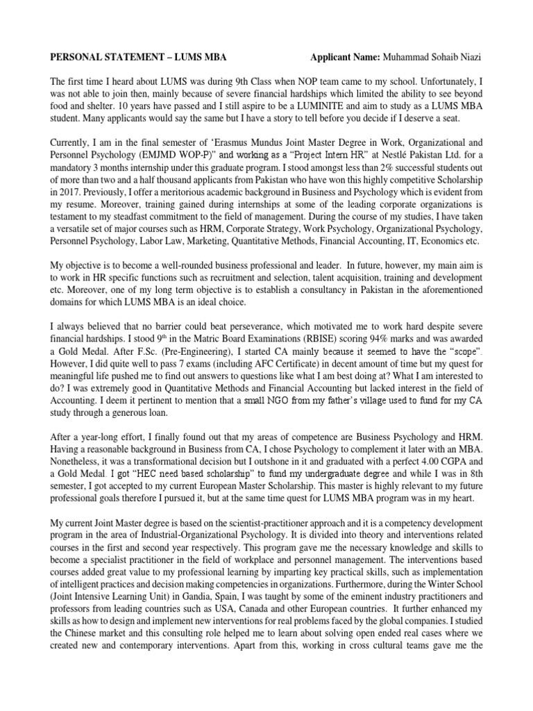 Personal Statement - Lums Mba Applicant Name: Muhammad Sohaib Niazi ...