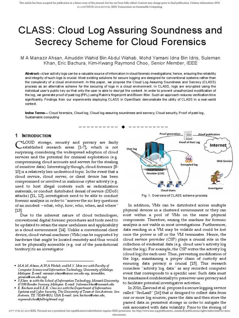 CTJV803 CLASS Cloud Log Assuring Soundness and Secrecy Scheme For Cloud Forensics | PDF | Public ...
