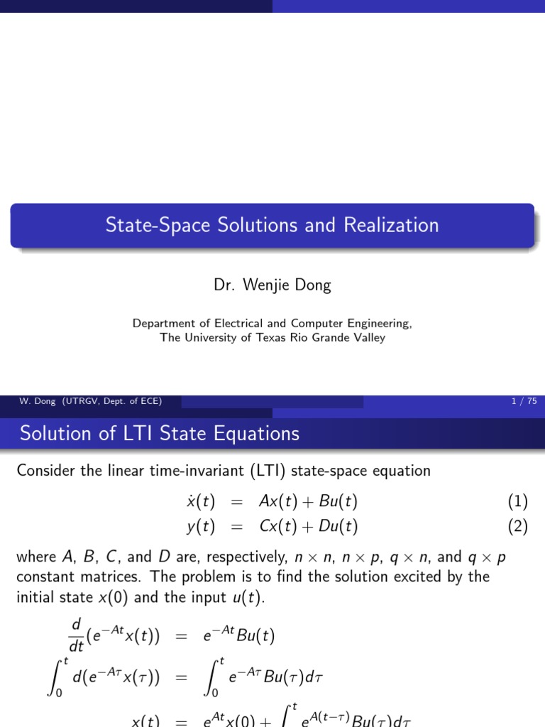 Lecture 3 State Space Solutions And Realization V1 Pdf Matrix Mathematics Eigenvalues