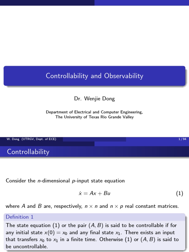 Controllability and Observability: Dr. Wenjie Dong | PDF | Eigenvalues And Eigenvectors | Linear ...