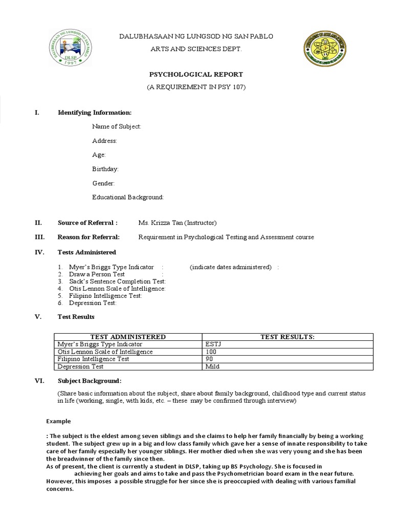 Psychological Test Report Format 1 | PDF | Psychiatry Related Fields ...
