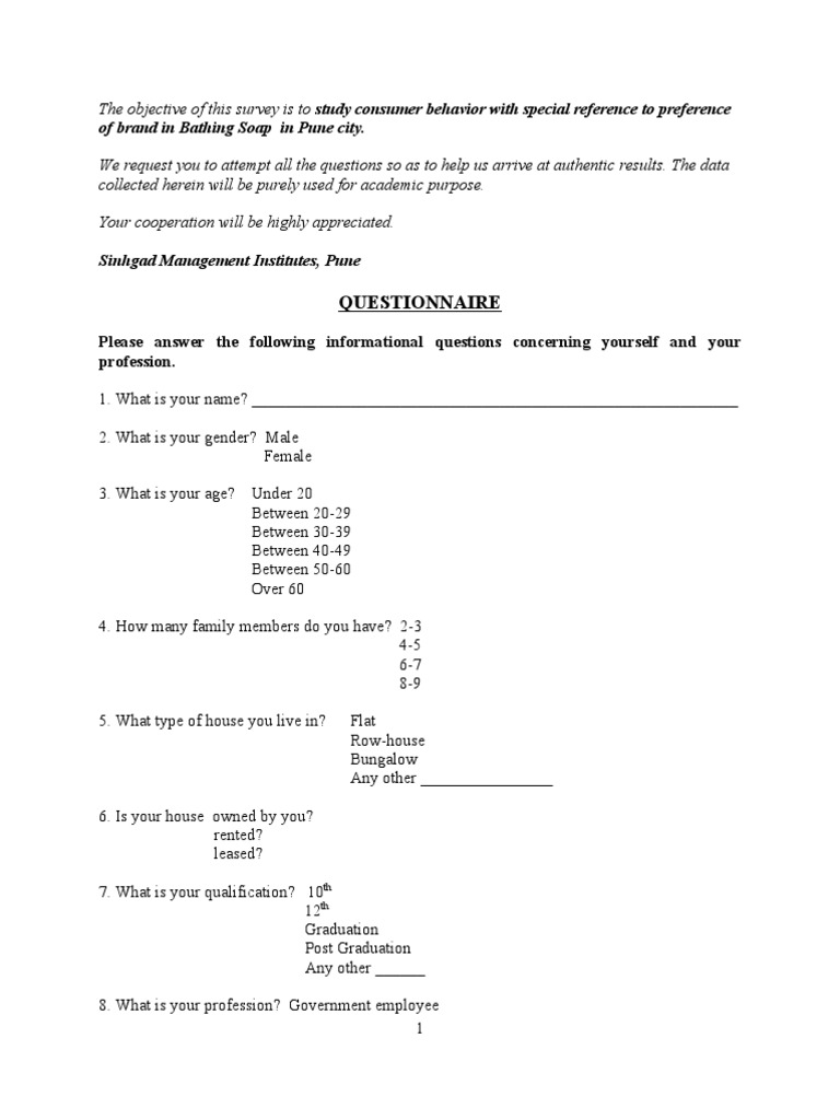 Questionnaire Bathing Soap Revised | PDF | Brand | Economies