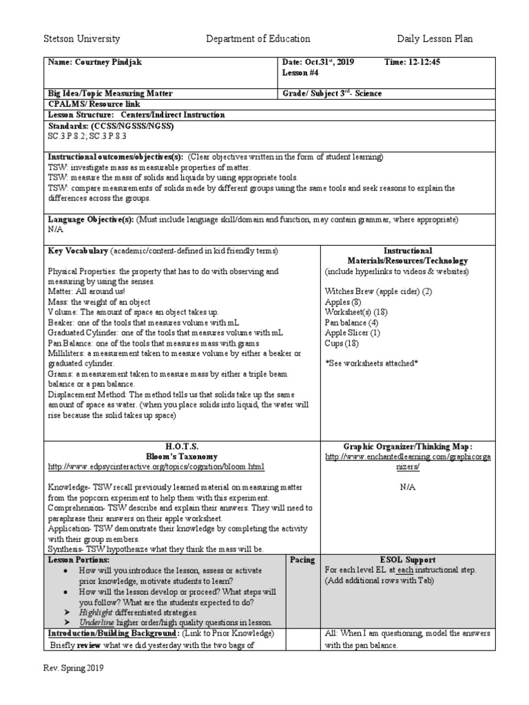 Stetson University Department of Education Daily Lesson Plan | PDF ...