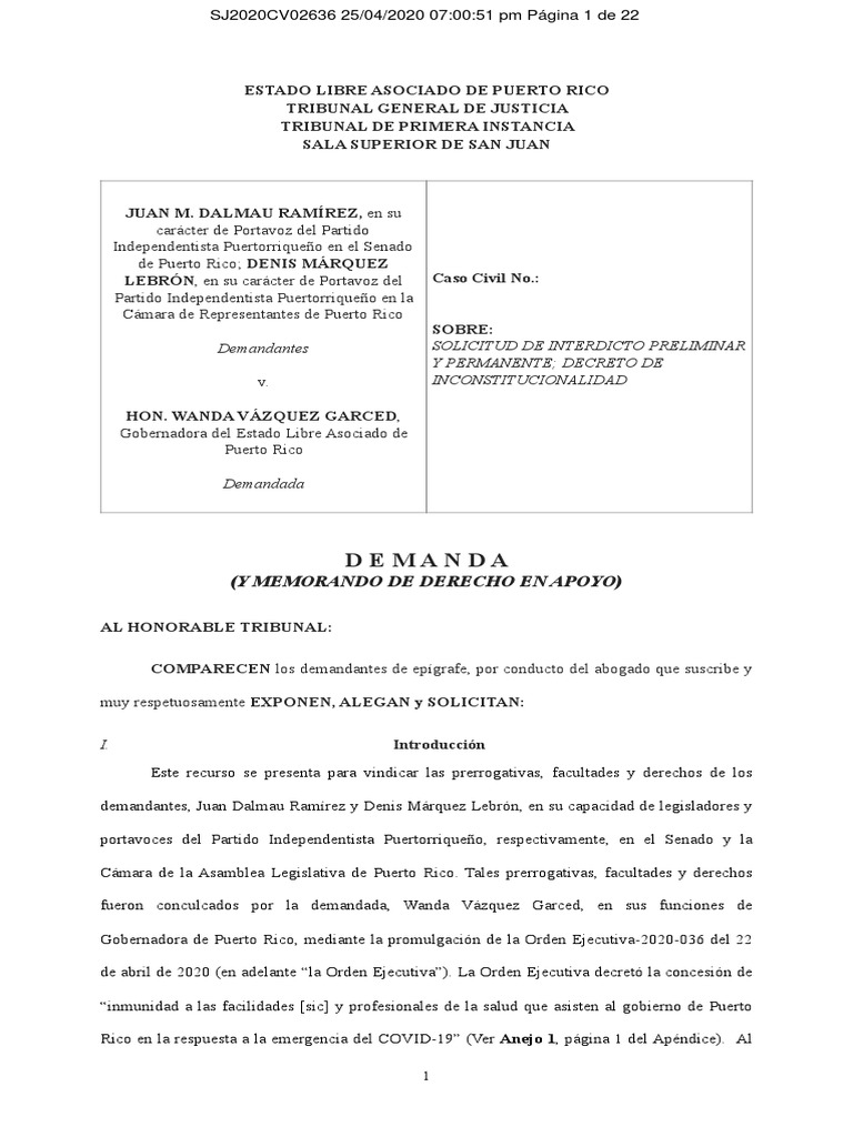 Demanda Por Orden Ejecutiva 2020-036 | PDF | Puerto Rico | Parlamento