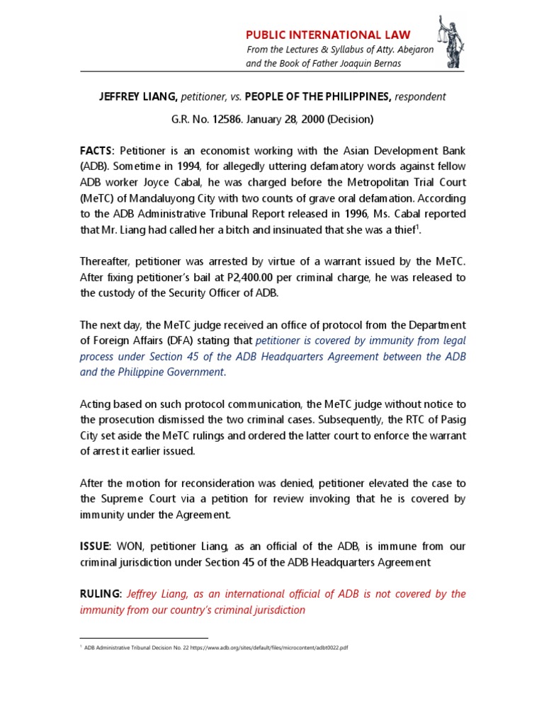 Jeffrey Liang vs. People - Case Digest PDF | PDF | Sovereign Immunity ...