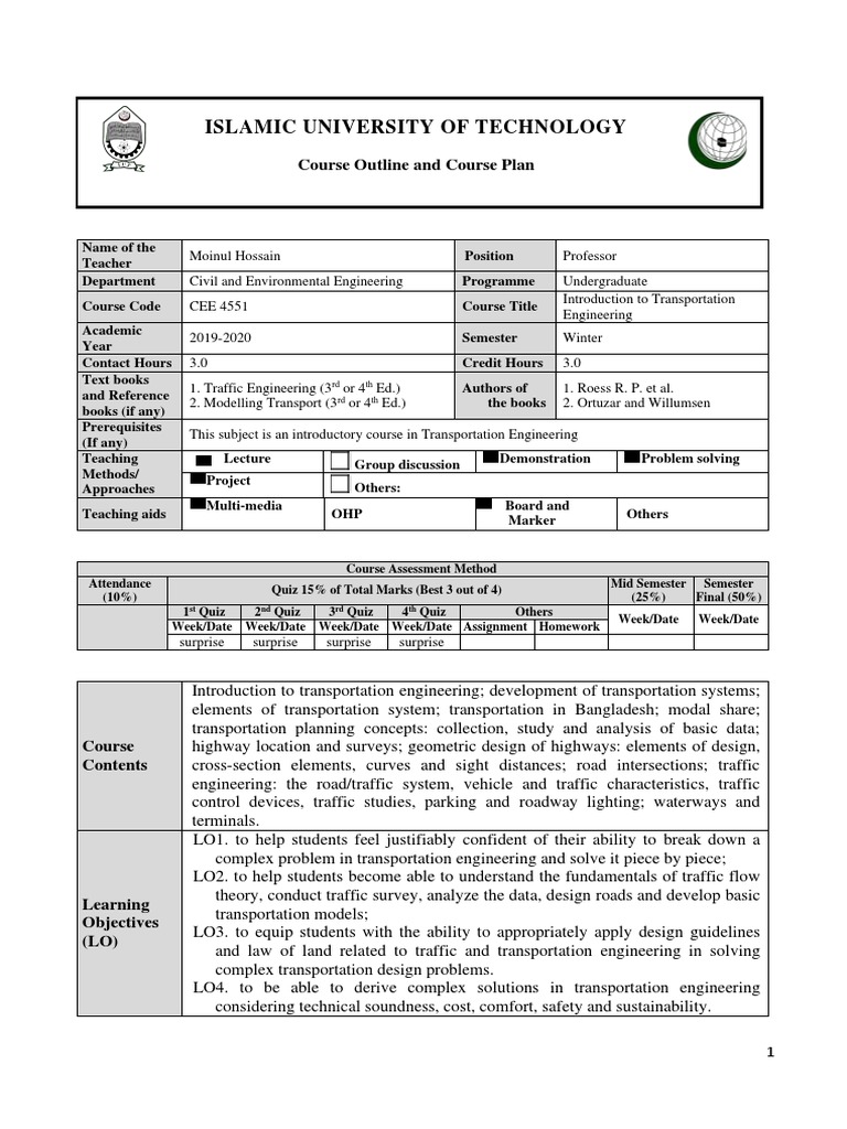 Islamic University of Technology: Course Outline and Course Plan | PDF ...