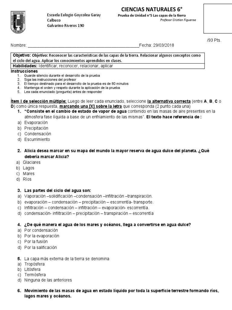 Prueba Unidad 5 Leccion 1 6° Ciencias | PDF | Estructura de la tierra ...