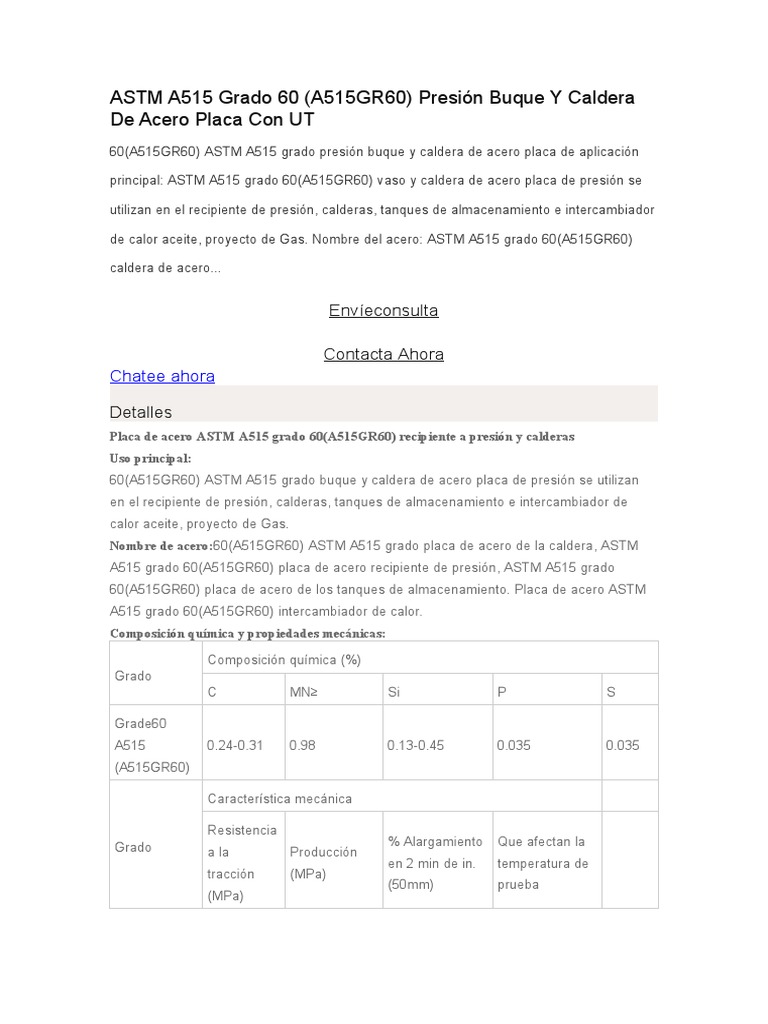 ASTM A515 Grado 60 | PDF | Caldera | Acero