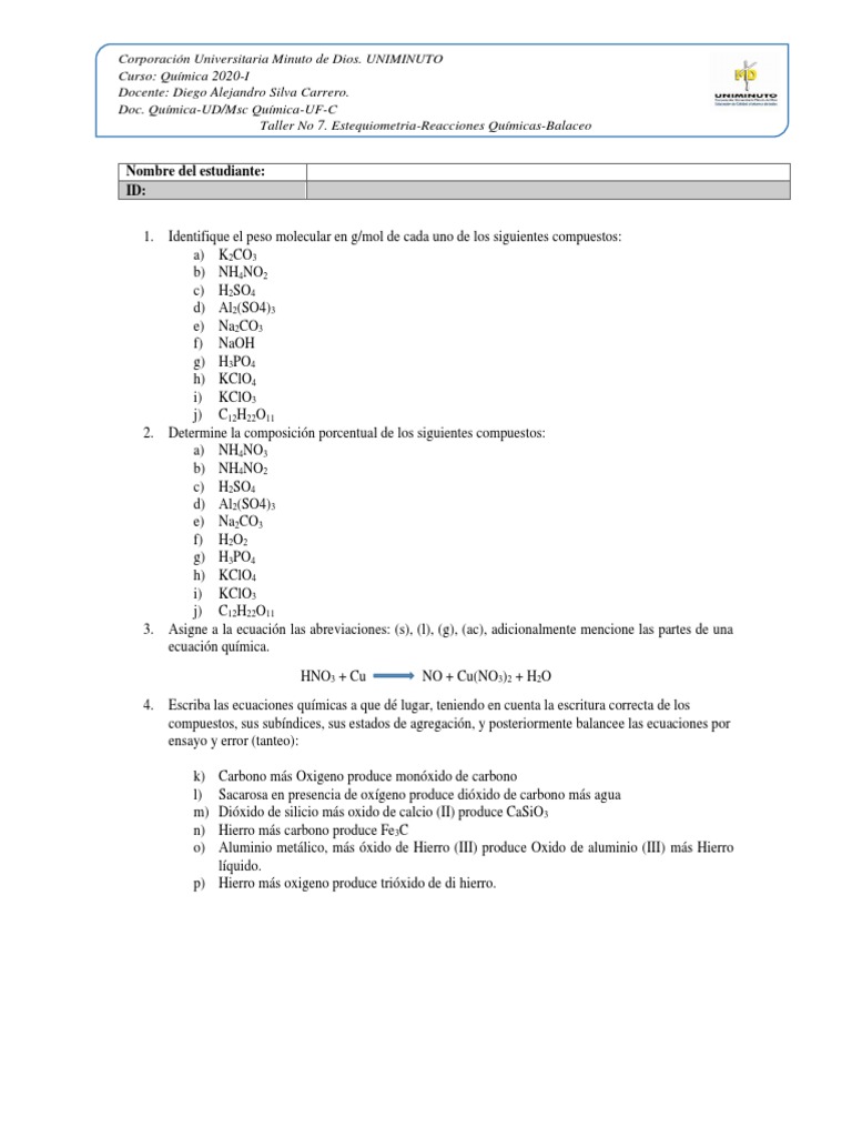 V3 Taller No 7 Ecuaciones Quimicas y Estequio de Compo | PDF | Redox | Ingeniería de Procesos ...