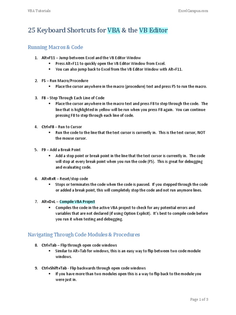 25 Keyboard Shortcuts For VBA and The VB Editor 2019 - Jun - 21 | PDF ...