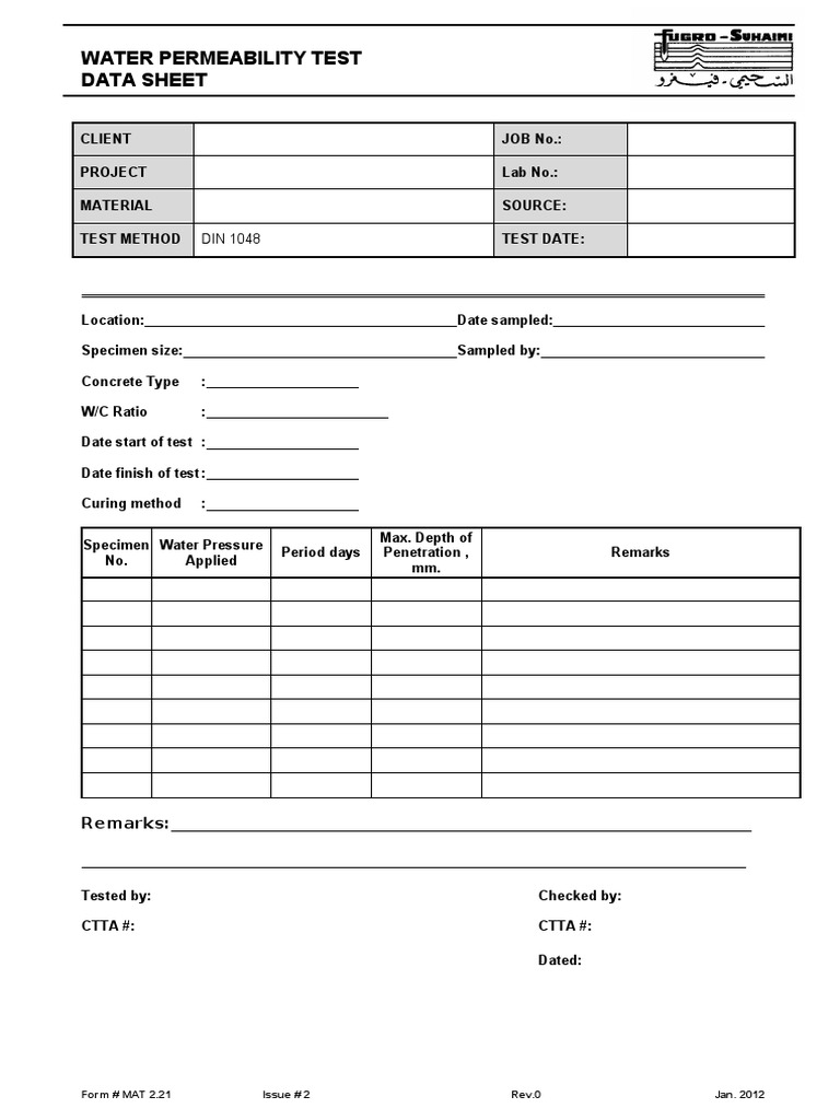 Water Permeability Test Data Sheet: Remarks | PDF
