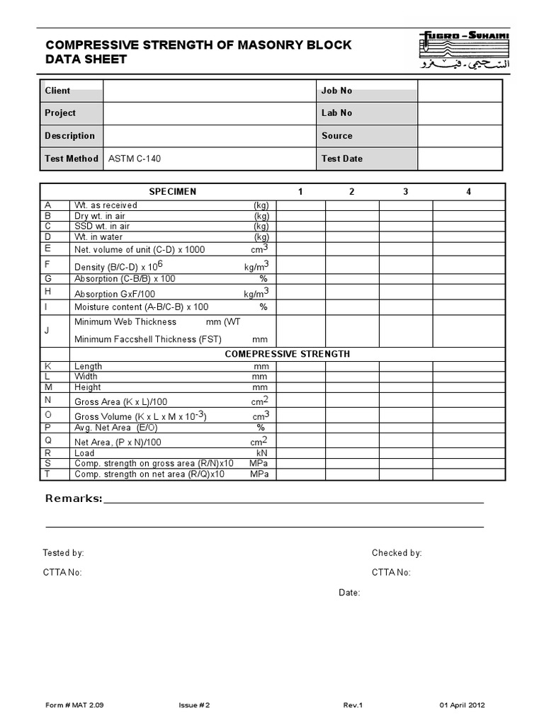 Compressive Strength of Masonry Block Data Sheet | PDF