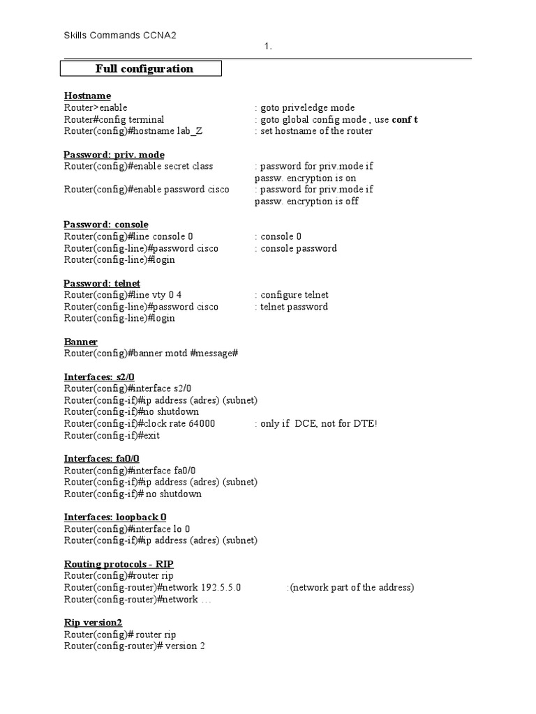 CCNA2 Practical Skills Commands - 1 - 1 | PDF | Router (Computing) | Internet Protocols