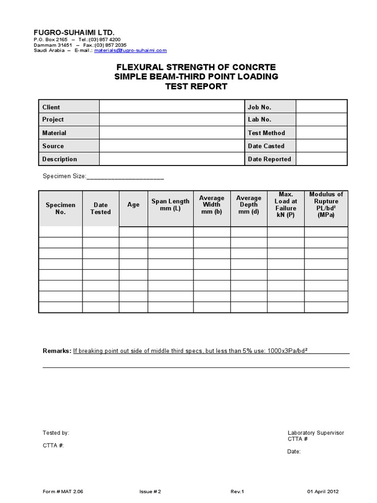 Flexural Strength Of Concrte Simple Beam-Third Point Loading Test Report