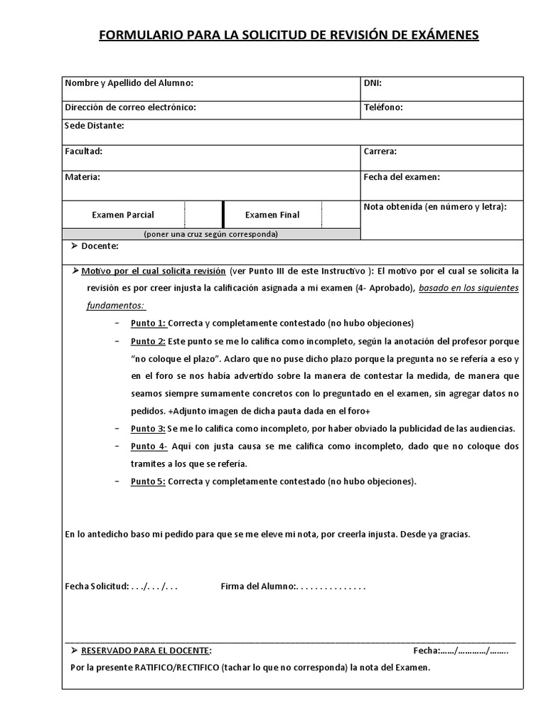 Formulario para La Solicitud de Revisión de Exámenes | PDF | Prueba ...