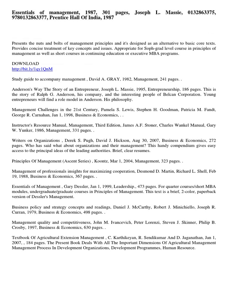 Essentials of Management, 1987, 301 Pages, Joseph L. Massie, 0132863375 ...
