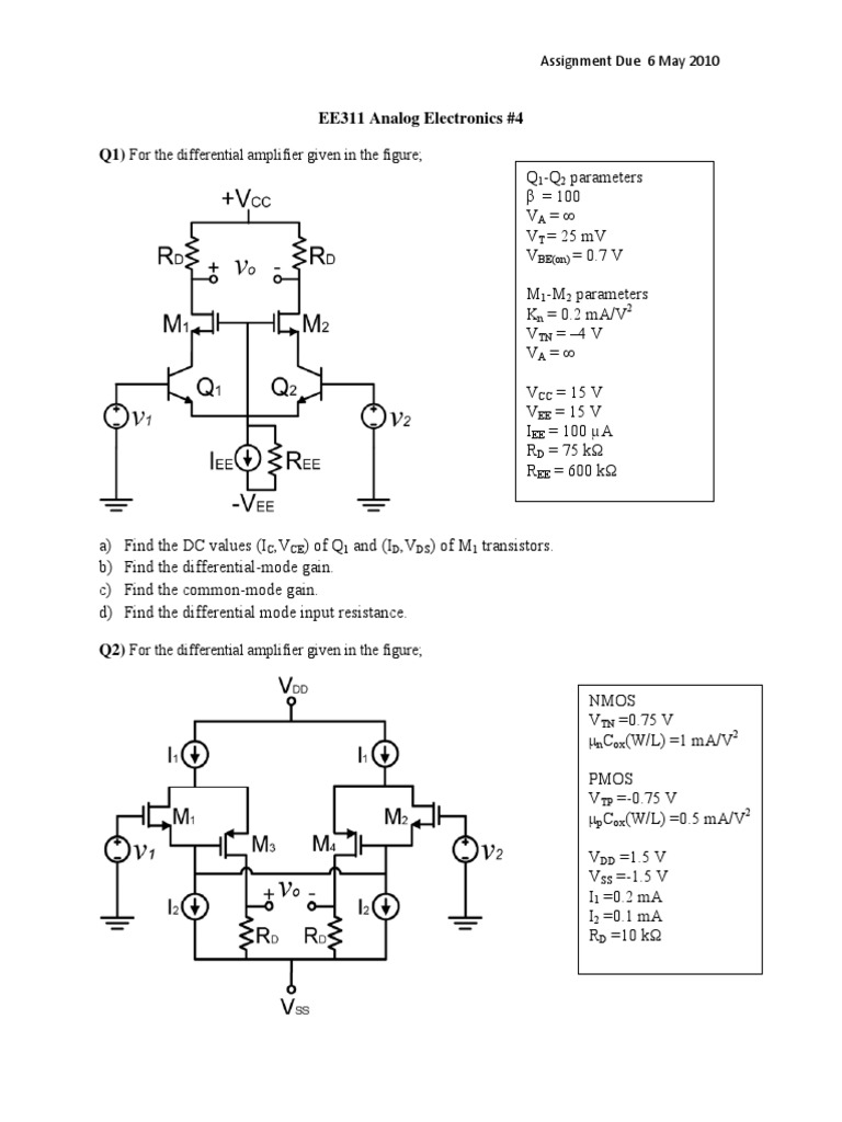 EE311 Analog Electronics #4 Q1) : Assignment Due 6 May 2010 | PDF | Amplifier | Transistor