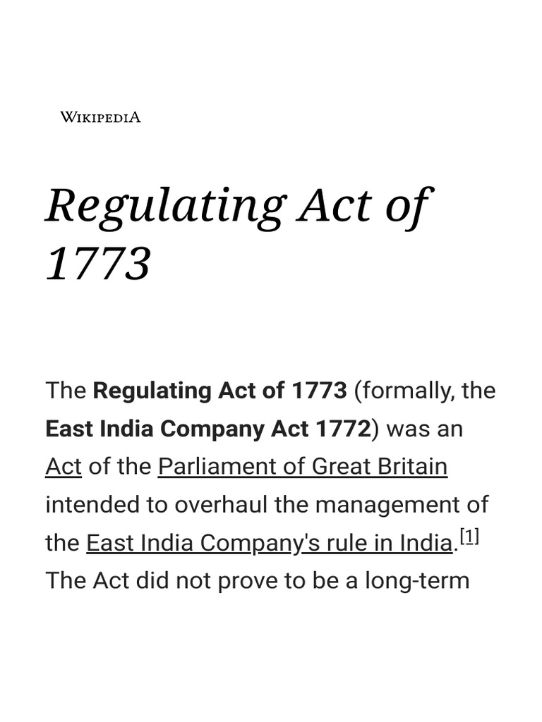 Regulating Act of 1773 - Wikipedia | PDF