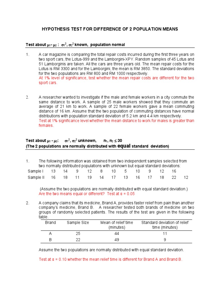 Tuto 2 Tutorial HYPOTHESIS TESTING FOR DIFFERENCE OF 2 POPULATION MEANS ...