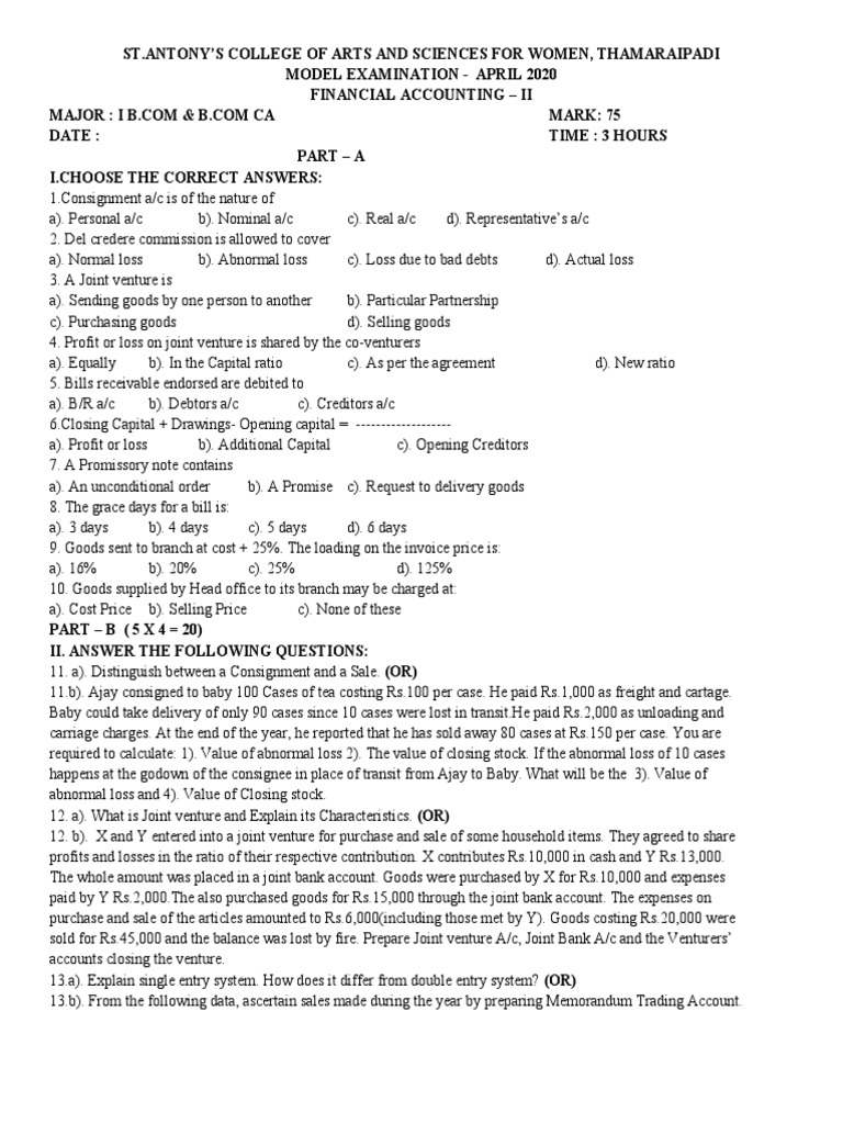 Model Question Financial Accounting - II | PDF | Stocks | Joint Venture